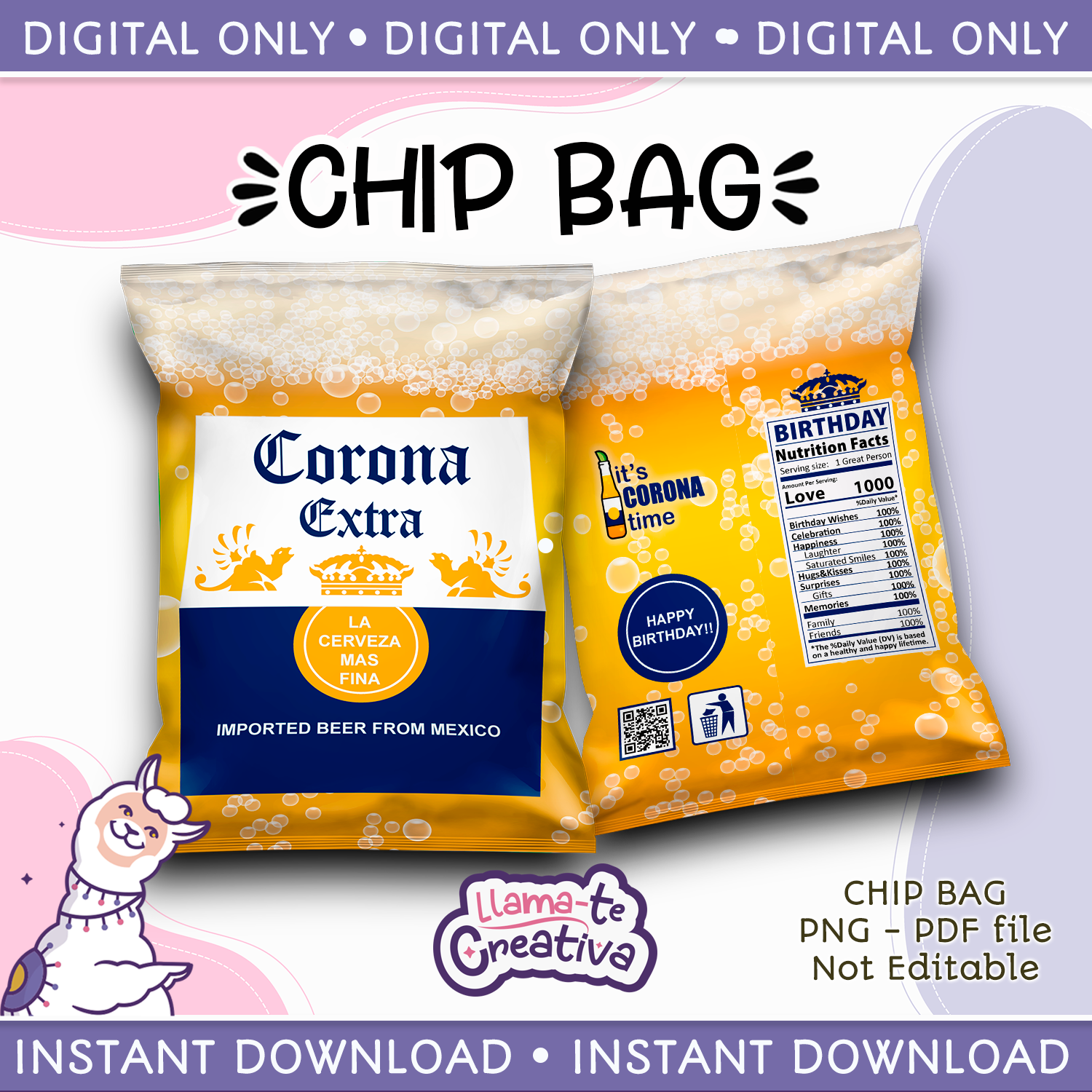 Corona Beer Chip Bag, Instant Download, not editable - LlámaTe Creativa