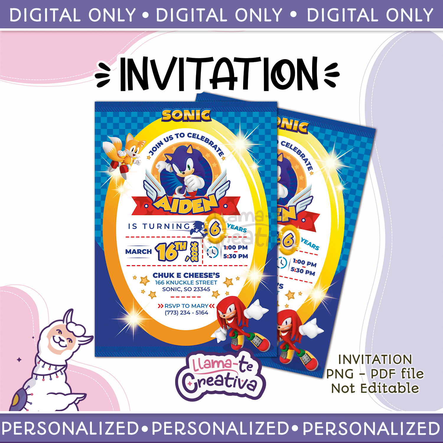 Sonic Birthday Party Invitation, personalized, not editable - LlámaTe ...