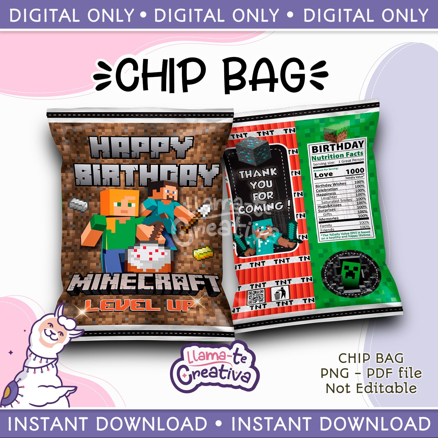 Minecraft Chip Bag, Instant Download, not editable - LlámaTe Creativa