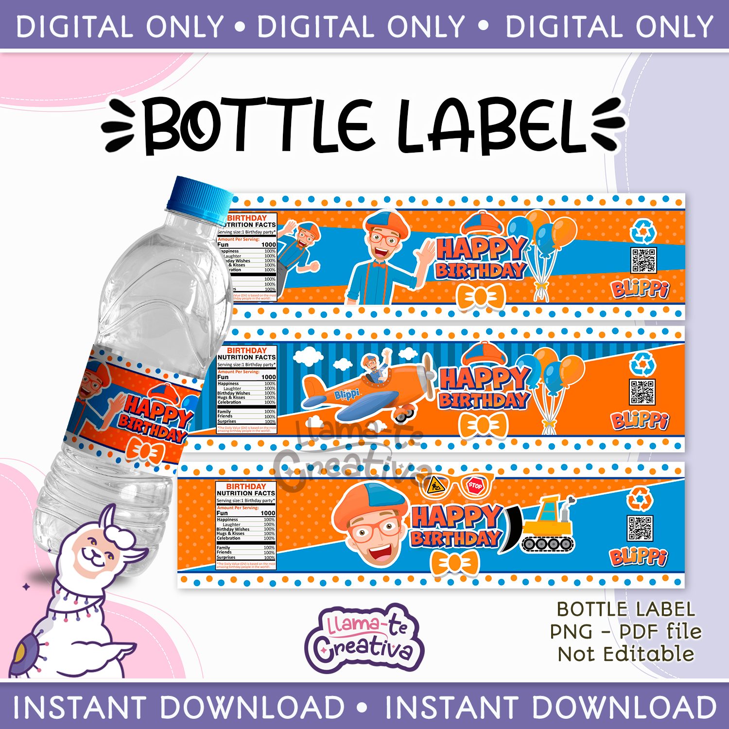Blippi bottle label, Digital printable, Instant download, not editable ...