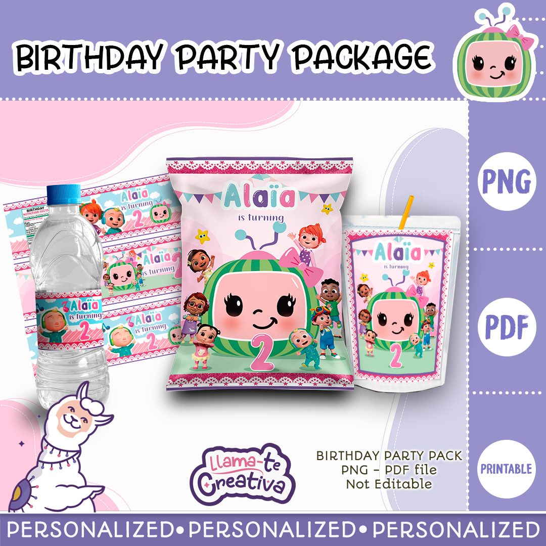 Girl Cocomelon Party Pack, Chip Bag, Bottle label and juice pouch bag ...