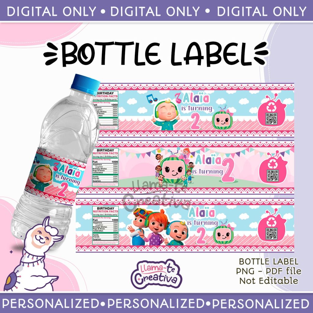 Girl Cocomelon bottle label, Digital printable, Personalized, not ...
