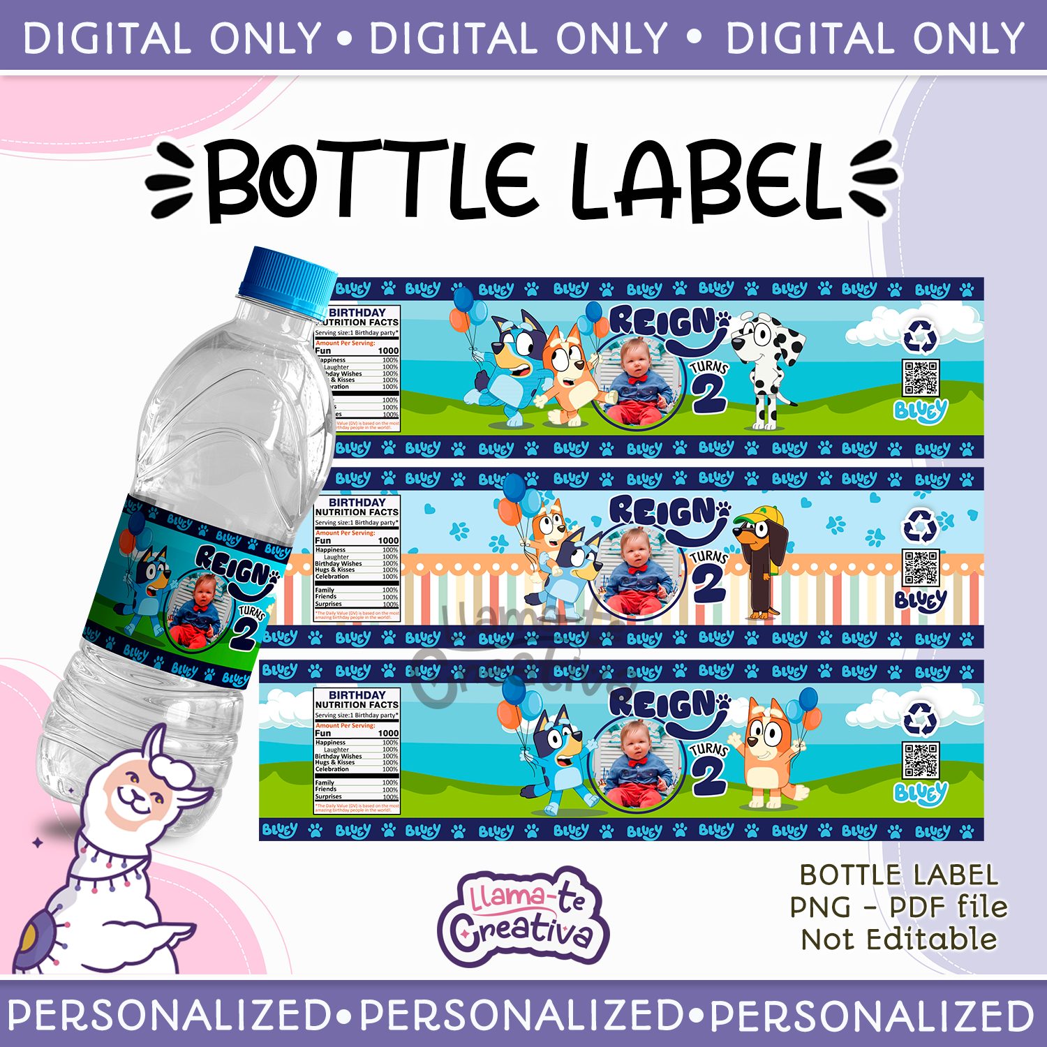 Bluey bottle label, Digital printable, Personalized, not editable ...