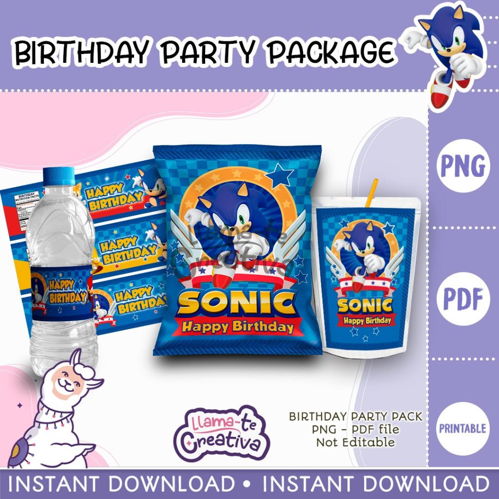 Sonic Party Pack, Chip Bag, Bottle label and juice pouch bag label ...