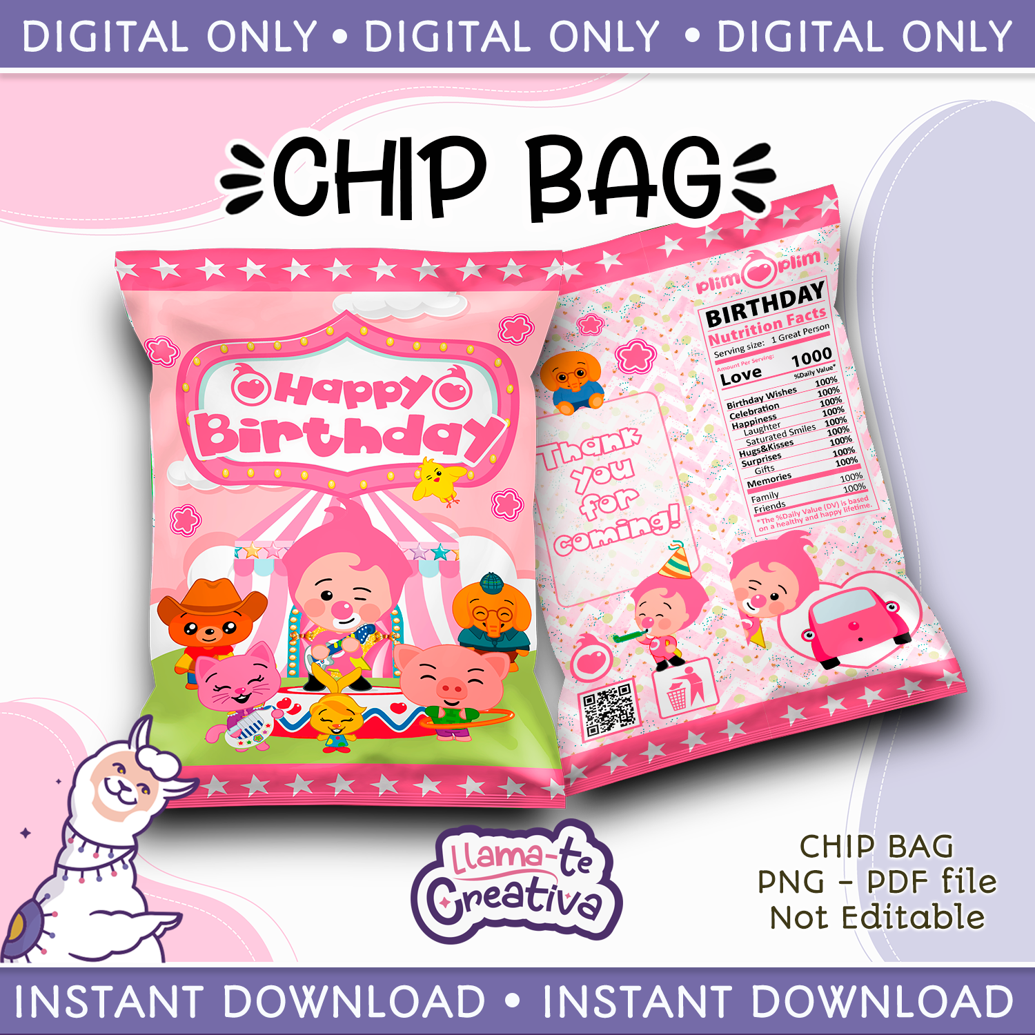 Plim Plim Pink Chip Bag, Instant Download, not editable - LlámaTe Creativa